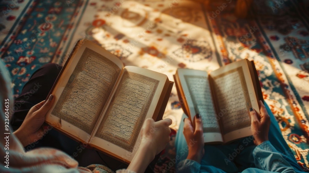 Two Muslim people are reading and studying the holy book of Islam, the ...