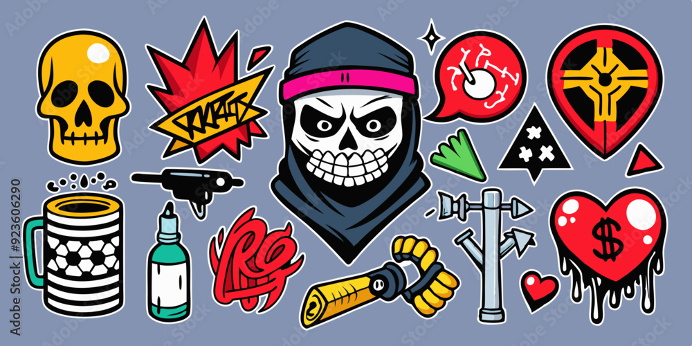 Street spray graffiti element set, sticker kit balaclava, vector grunge ...