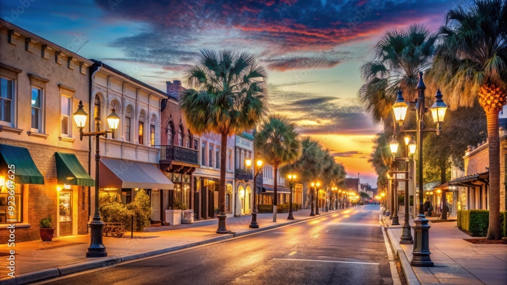 Historic downtown Fernandina Beach, Florida illuminated by streetlights ...