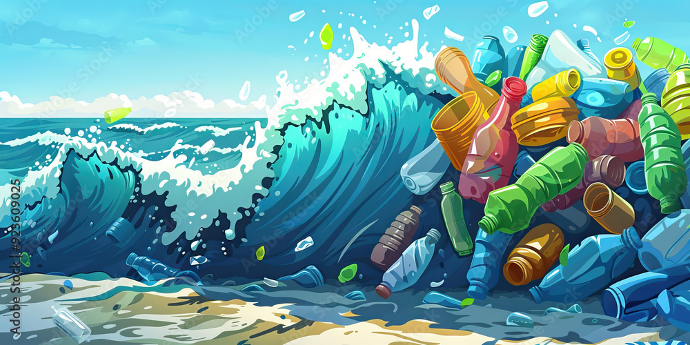 Plastic pollution in a tidal wave of the ocean. Trash and recycle in ...