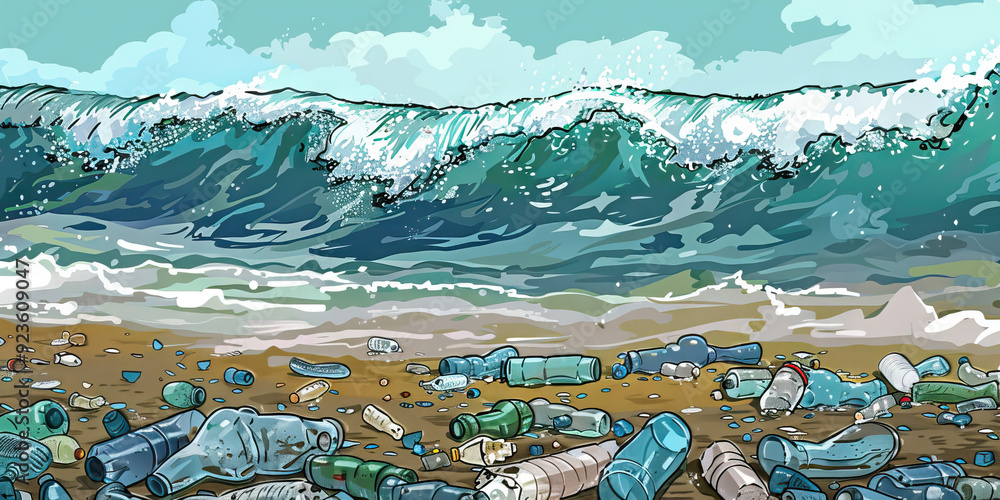 Plastic pollution in a tidal wave of the ocean. Trash and recycle in ...