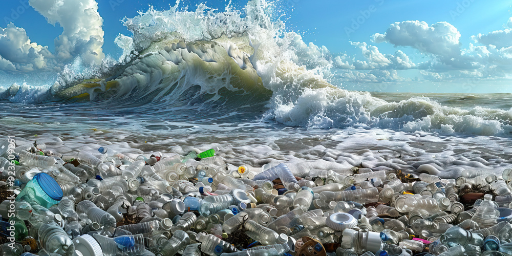 Plastic pollution in a tidal wave of the ocean. Trash and recycle in ...