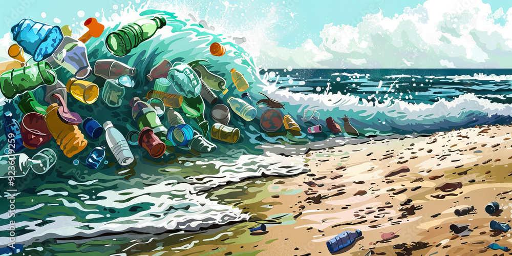 Plastic pollution in a tidal wave of the ocean. Trash and recycle in ...