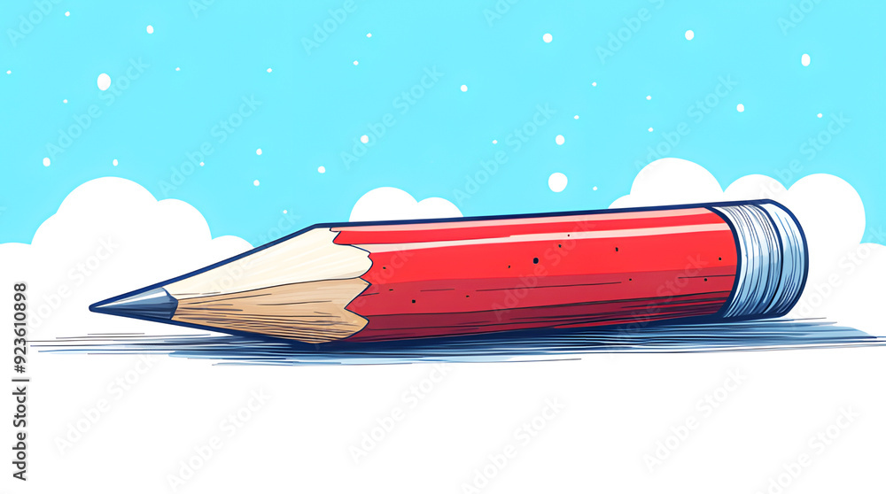 Red pencil cartoon Illustration with shadow on blue background ...