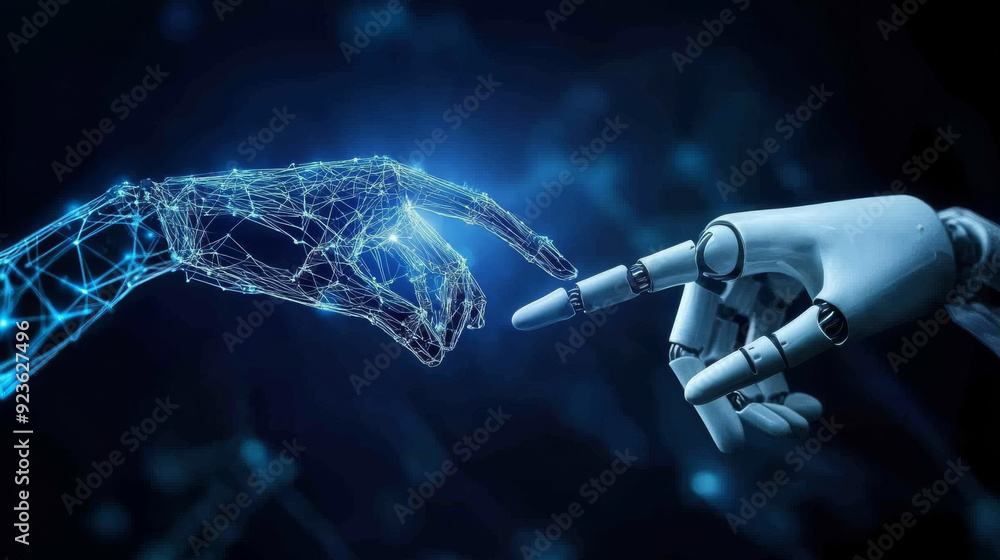 Artificial Intelligence. Futuristic 3D robot arm and human hand ...