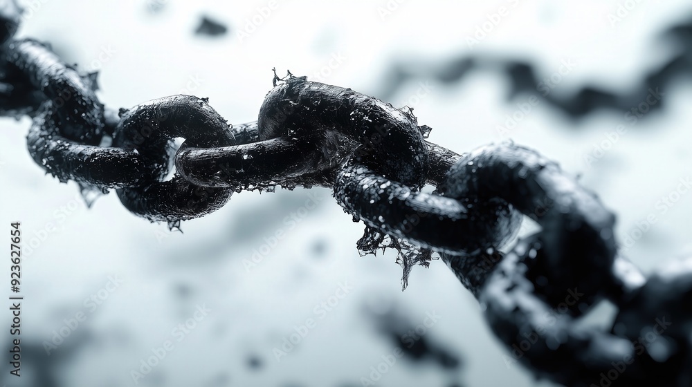 Network breach visualization, broken chain links, wireframe 3D art ...