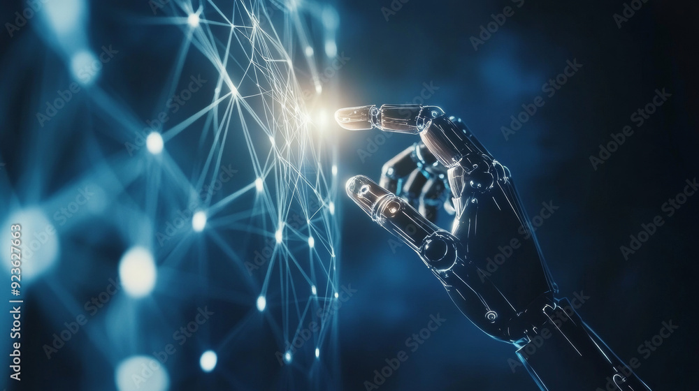 Artificial Intelligence. Futuristic 3D robot arm and human hand ...