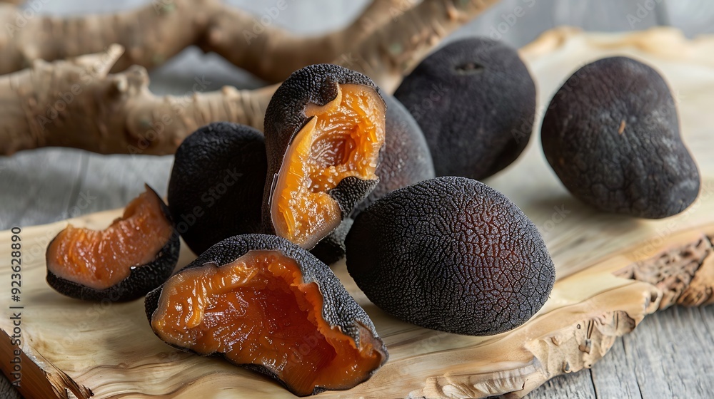 Close up of black velvet tamarinds with dark shells and bright orange ...
