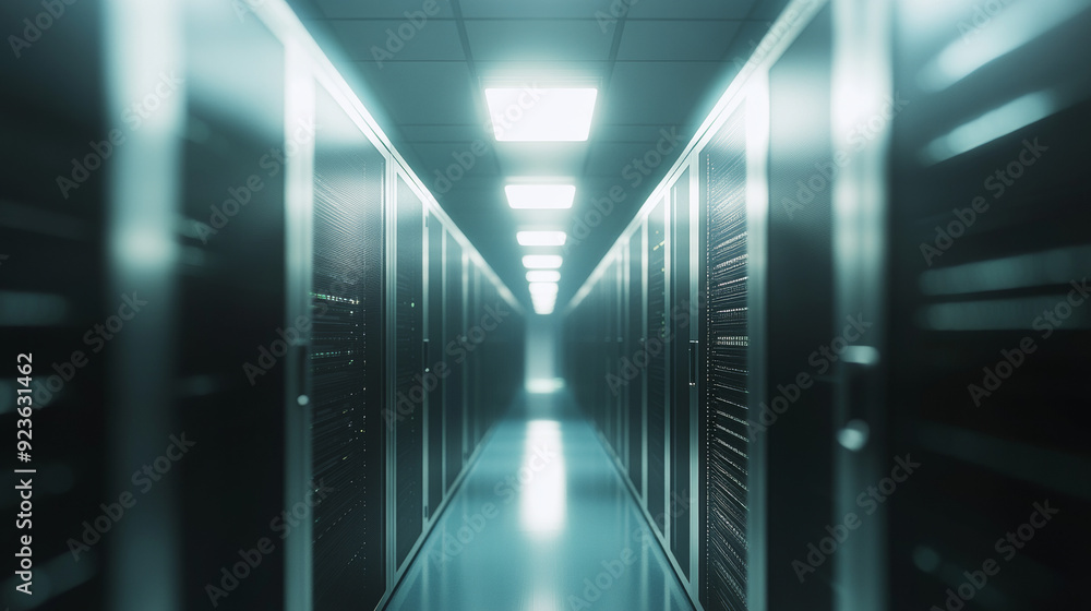 Blurred background of a corridor in a large server room or data center ...