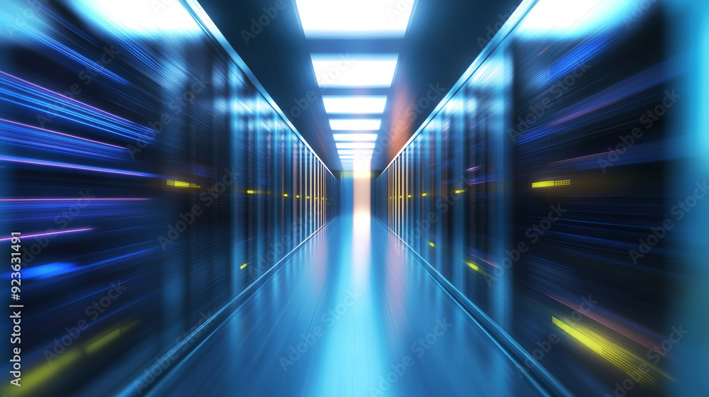Blurred background of a corridor in a large server room or data center ...