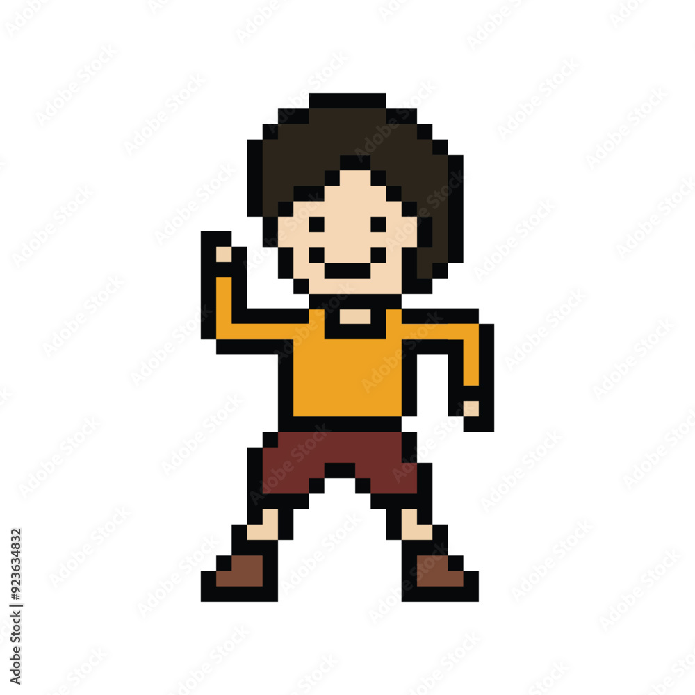 Cute pixel cartoon 8bit character man exercises training dance ...