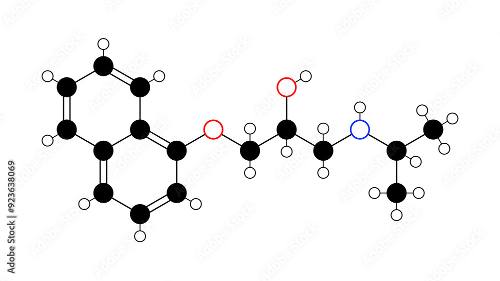 propanolol molecule, structural chemical formula, ball-and-stick model ...