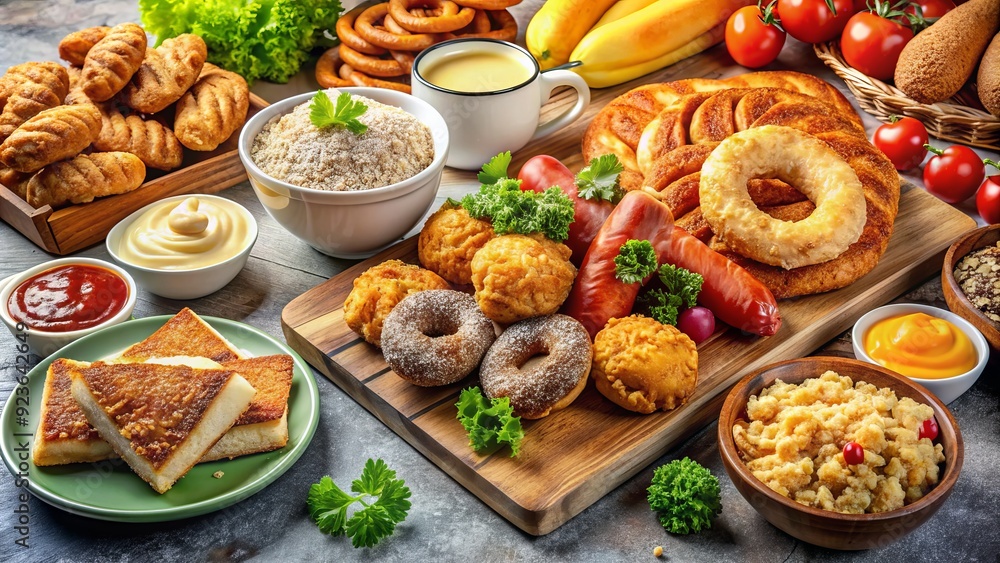 A variety of high-calorie foods, including crispy fried chicken, savory ...