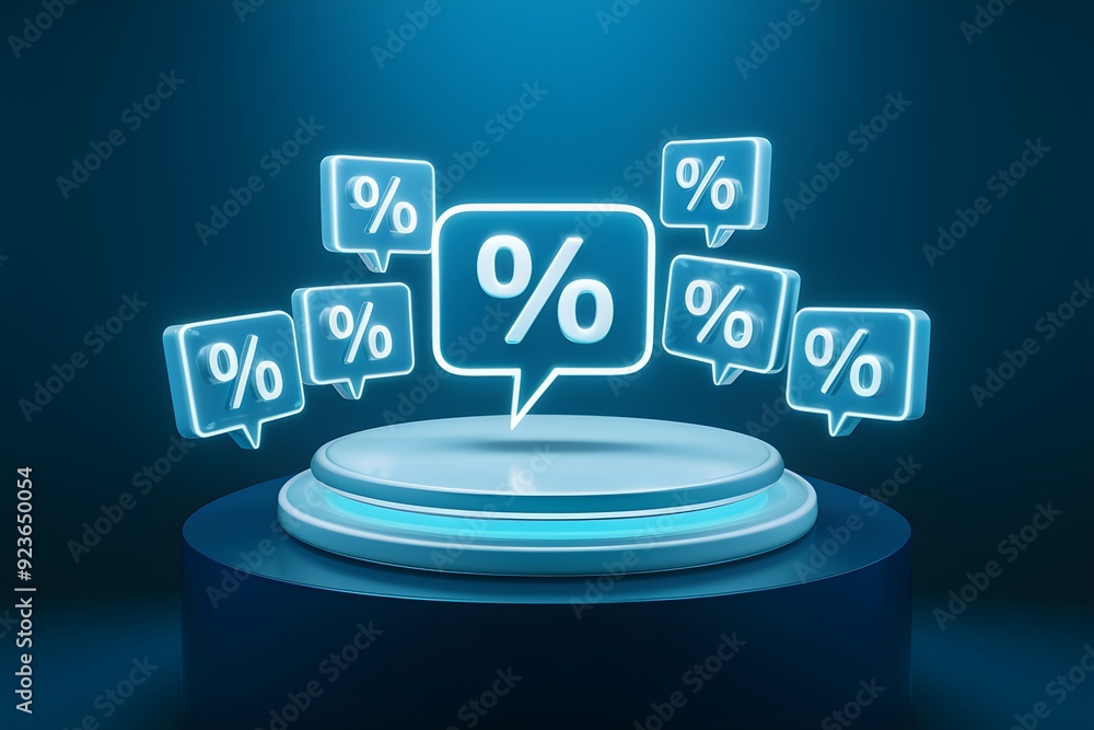 Neon blue setting with circular platform, floating chat bubbles with ...