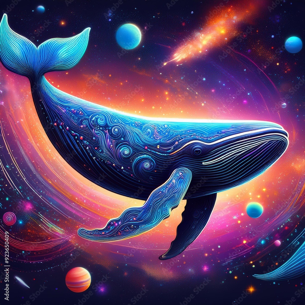 Graffiti cosmic whale illustration art on a planetarium wall background ...