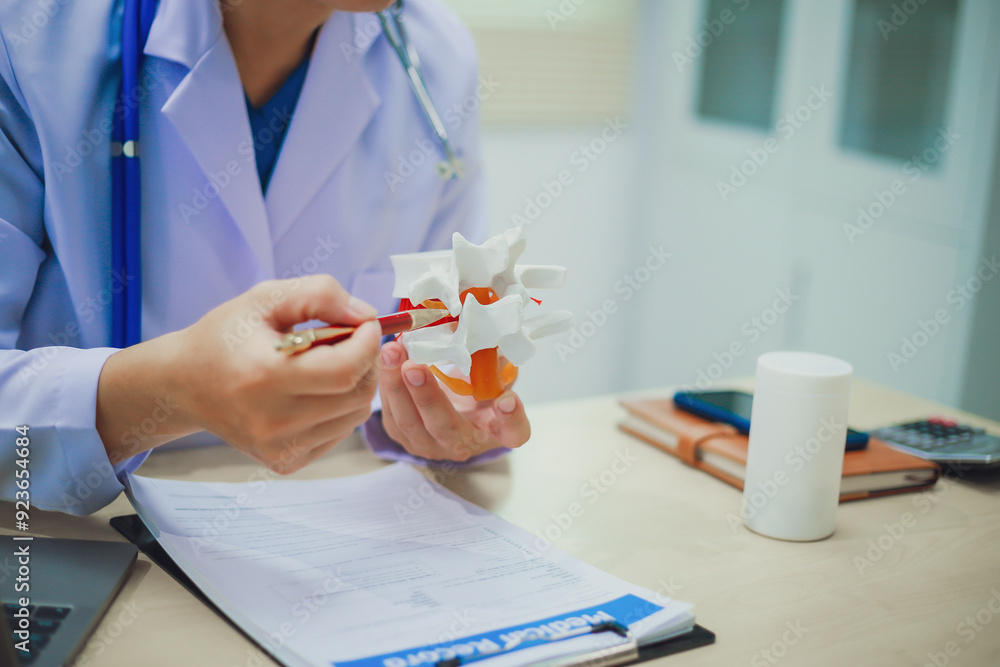 Orthopedist and surgeon using model or anatomical model of spine to ...