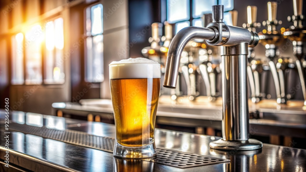 Freshly poured pint of frothy beer dispensed from a stainless steel ...