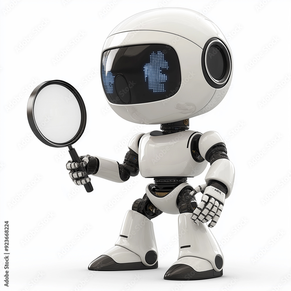 3D robot holding a magnifying glass, symbolizing the technology of ...