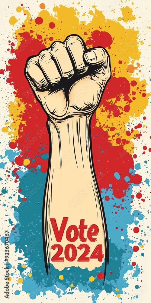 Colorful illustration of a raised fist with 'Vote 2024', symbolizing a ...