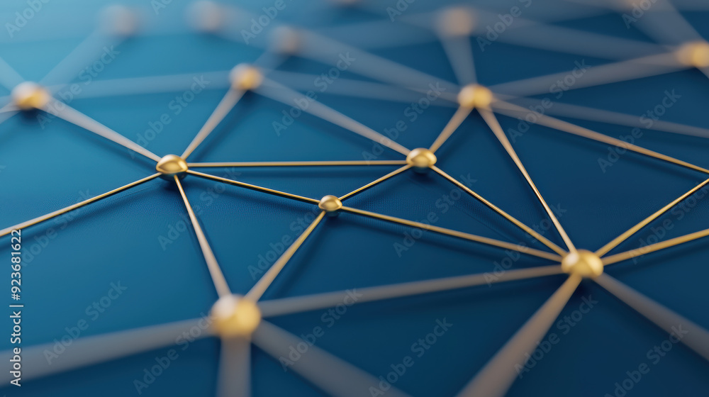 Close-up view of a network of golden nodes connected by lines on a blue ...