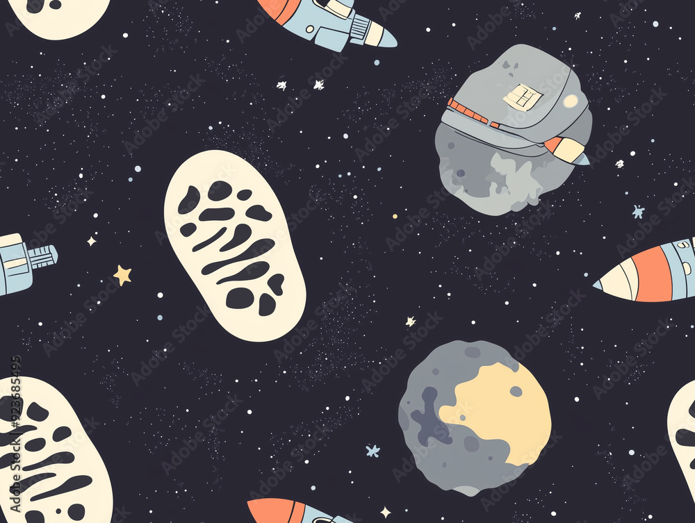 Astronaut footprints with moon rovers, rocket ships, and cosmic dust in ...