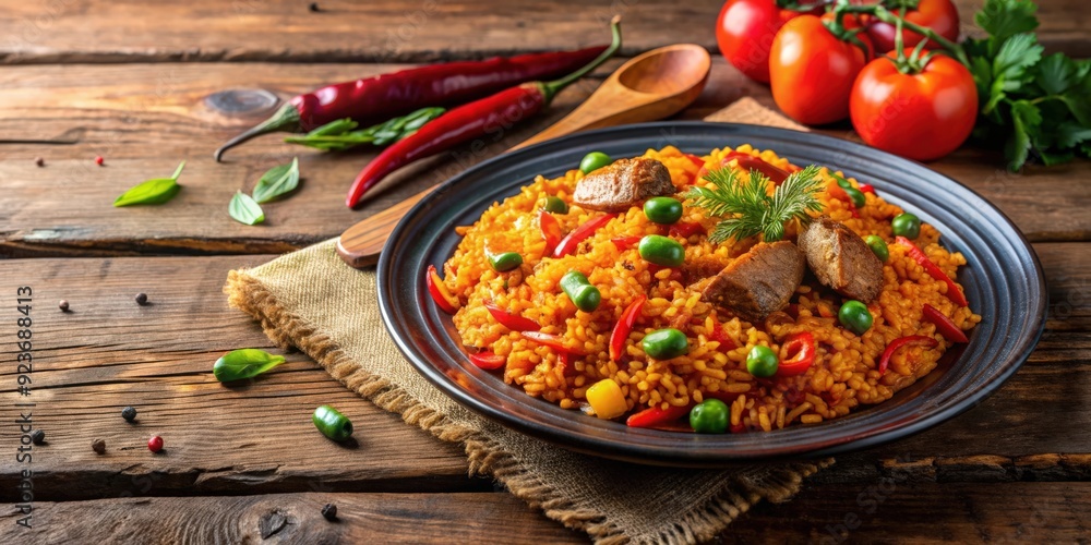 Colorful and delicious Jollof Rice on a rustic wooden table, Nigerian ...