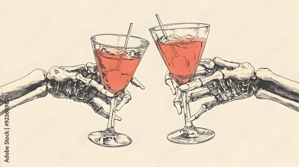 Skeleton Hands Toasting with Cocktail Glasses in Celebratory Gathering ...
