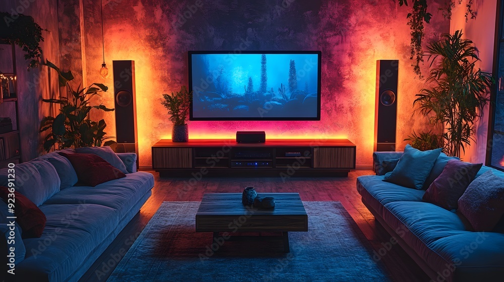 Smart Home Theater Room: A wide 16:9 shot of a dedicated home theater ...
