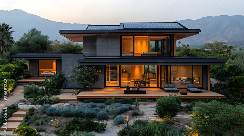 Modern Smart Home Exterior: A 16:9 view of a modern smart home exterior ...