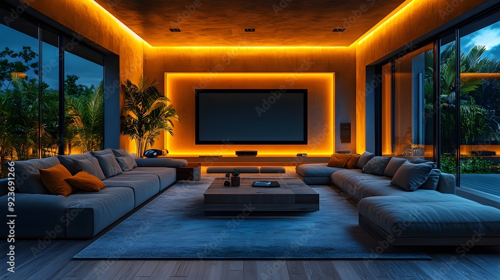 Smart Home Theater Room: A wide 16:9 shot of a dedicated home theater ...