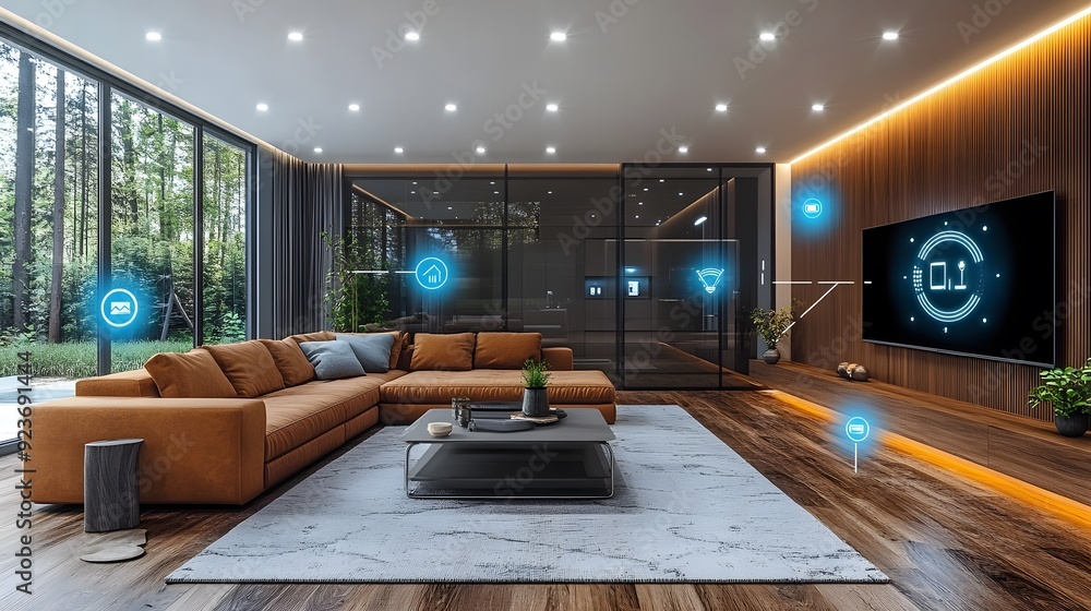 Connected Living Room: A panoramic 16:9 view of a living room where all ...