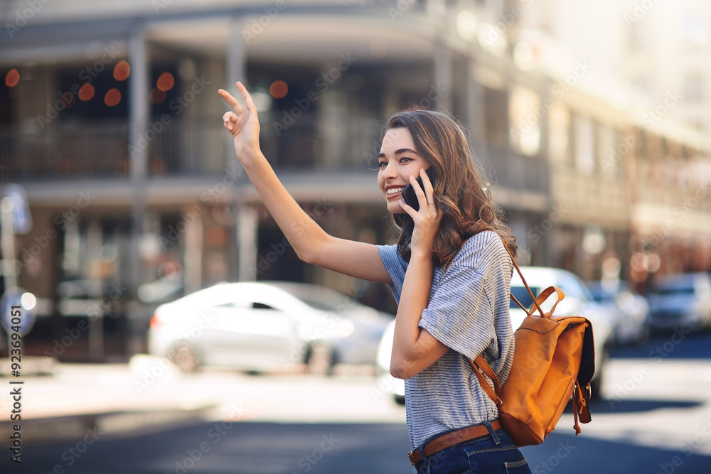 Phone call, smile and taxi with backpacker woman on street of city for commute, sightseeing or ...