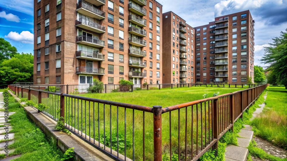 Rundown high-rise apartments with peeling paint and rusty railings ...