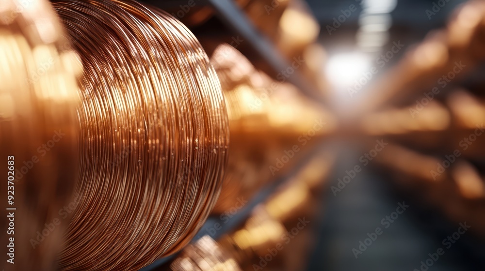 Copper wires are shown coiled in precise rows within an industrial ...