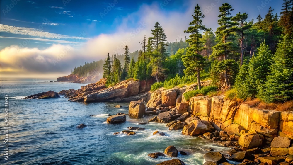 Serene morning landscape of rugged shoreline and majestic evergreen ...