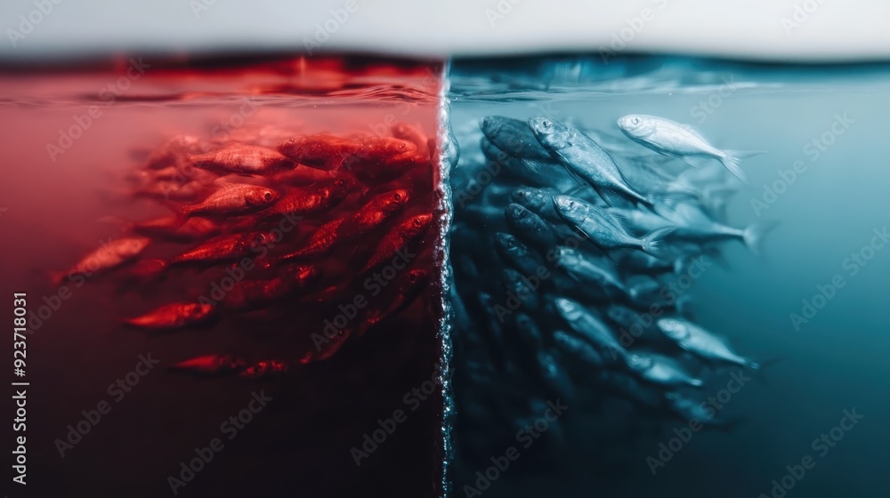 An underwater split view image featuring red fish on one side and blue ...