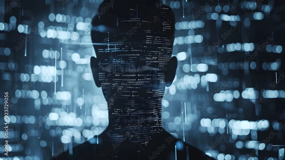 A shadowy, high-tech environment where the risks of identity theft are represented by ominous ...