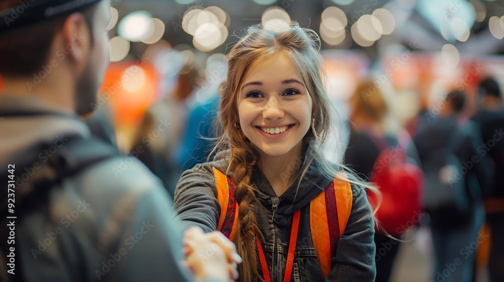 A close-up photograph of a career fair interview, focus on a candidate ...