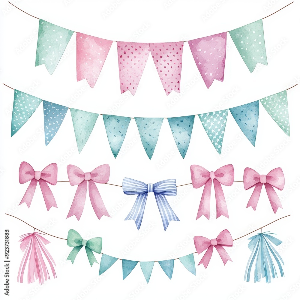 Watercolor clip art of buntings, buntings, banners, party, birthday ...