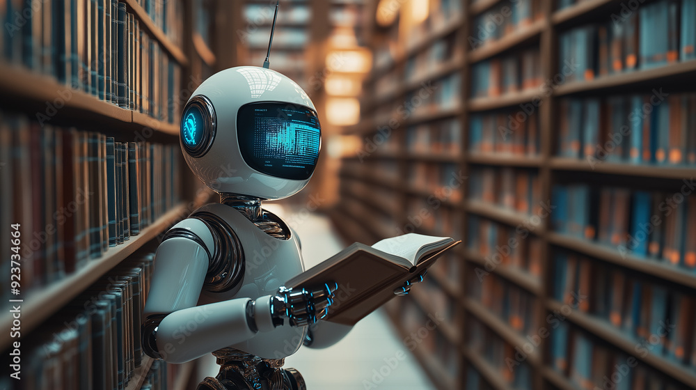 A picture of a robot in a library reading a book, it seems to be in an ...