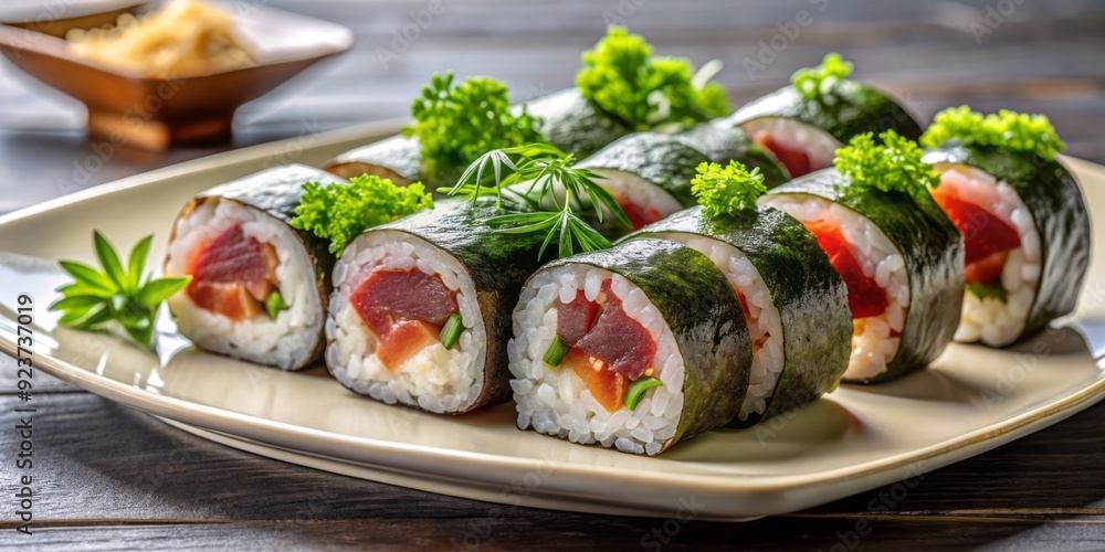 Freshly prepared Japanese-style tekka maki sushi roll filled with succulent tuna, wrapped in ...