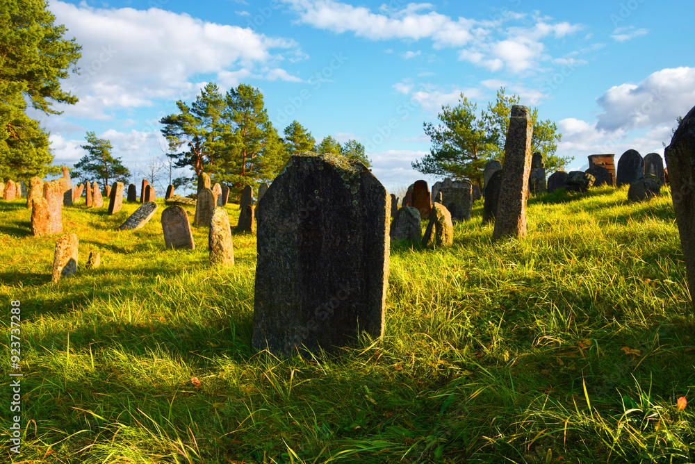 Tombstones on graveyard. Funeral concept. Cemetery with graves and ...