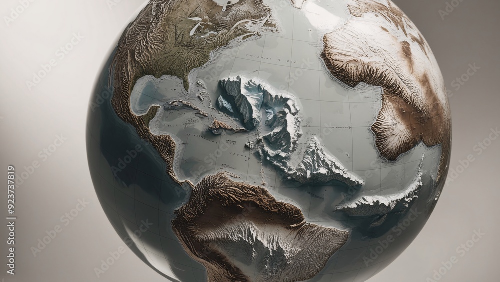 Globe with 3D map of continents in silver color and white background ...