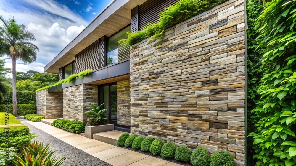 Weathered stone cladding adds rustic charm to a modern exterior wall ...