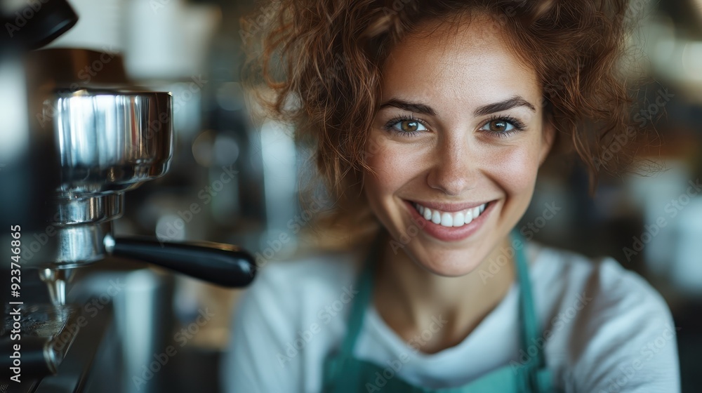 A friendly barista is smiling warmly at the camera, wearing an apron in ...