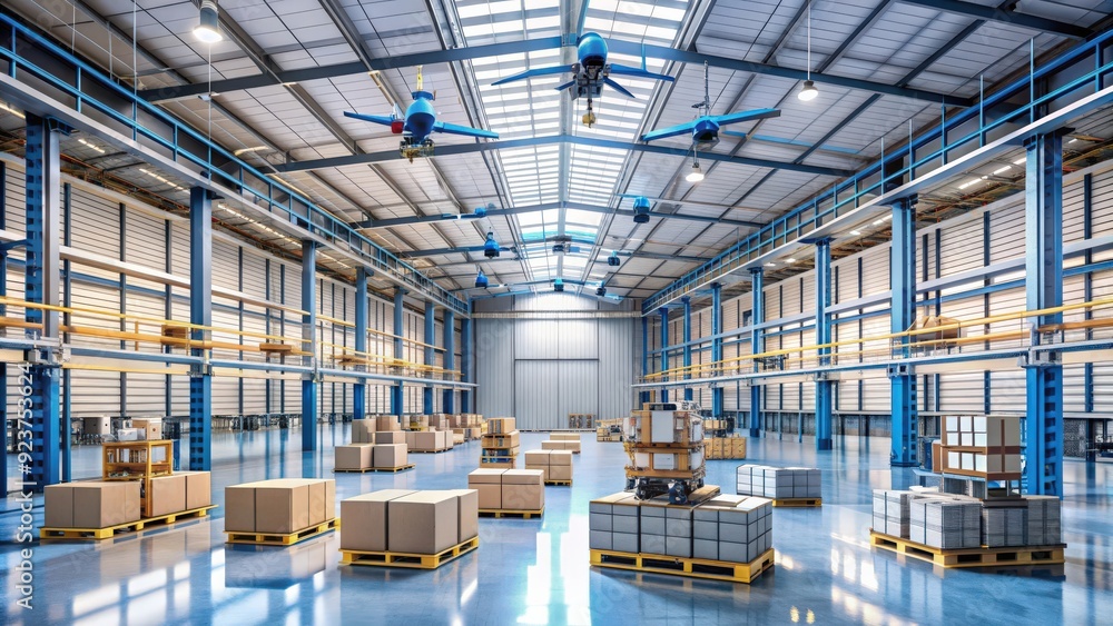 Modern logistics center with automated robots and drones efficiently ...