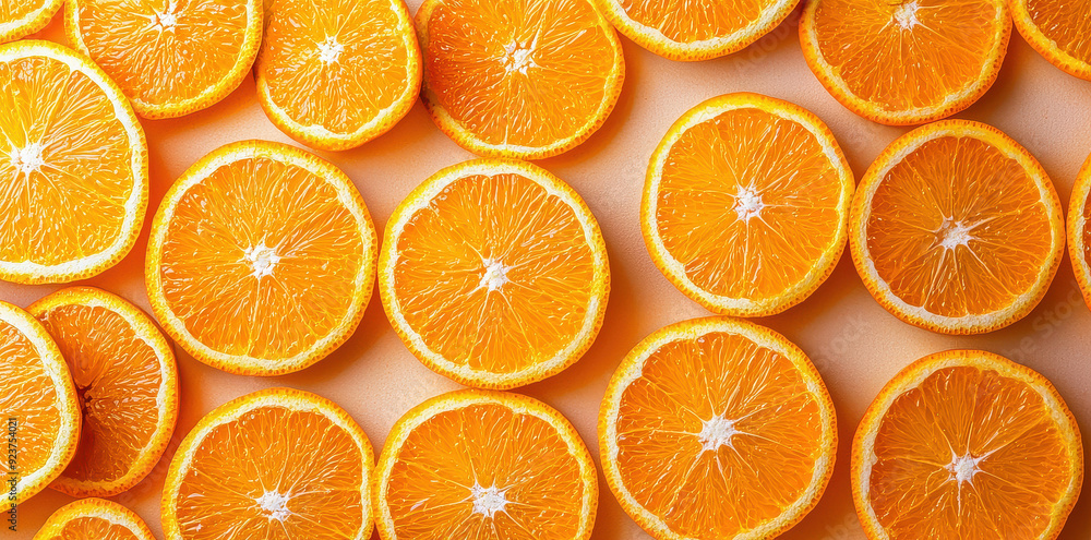 This image features multiple slices of fresh, vibrant oranges arranged ...