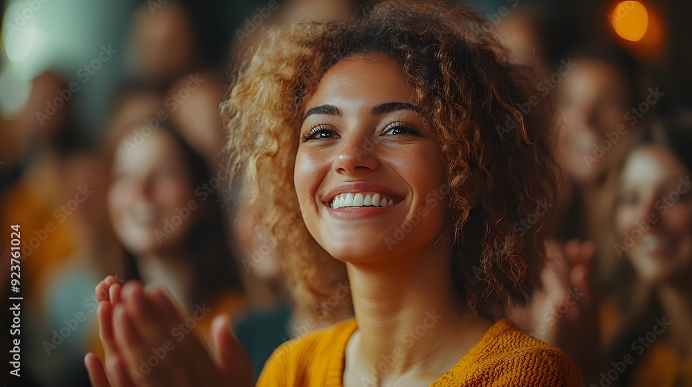 Happy group of colleagues standing in a circle, clapping and ...
