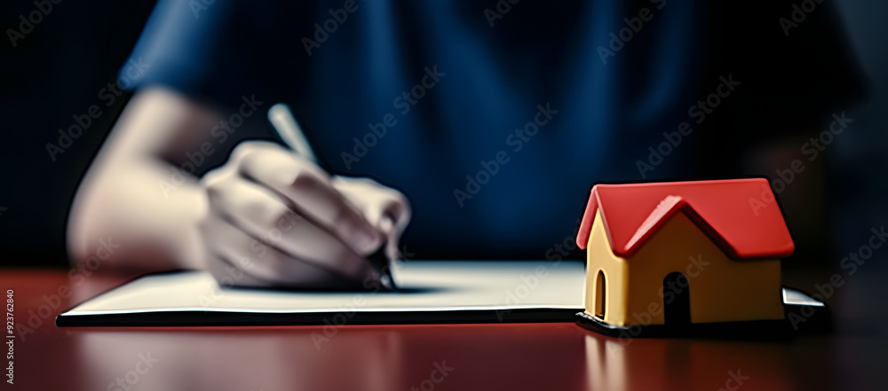 Real Estate Agent Writing on House Plan with Villa Model, Professional ...