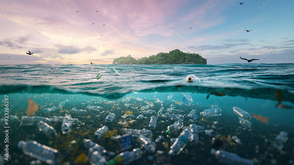 Bottles, polythene bags, garbage floating on top of dark sea bottom ...